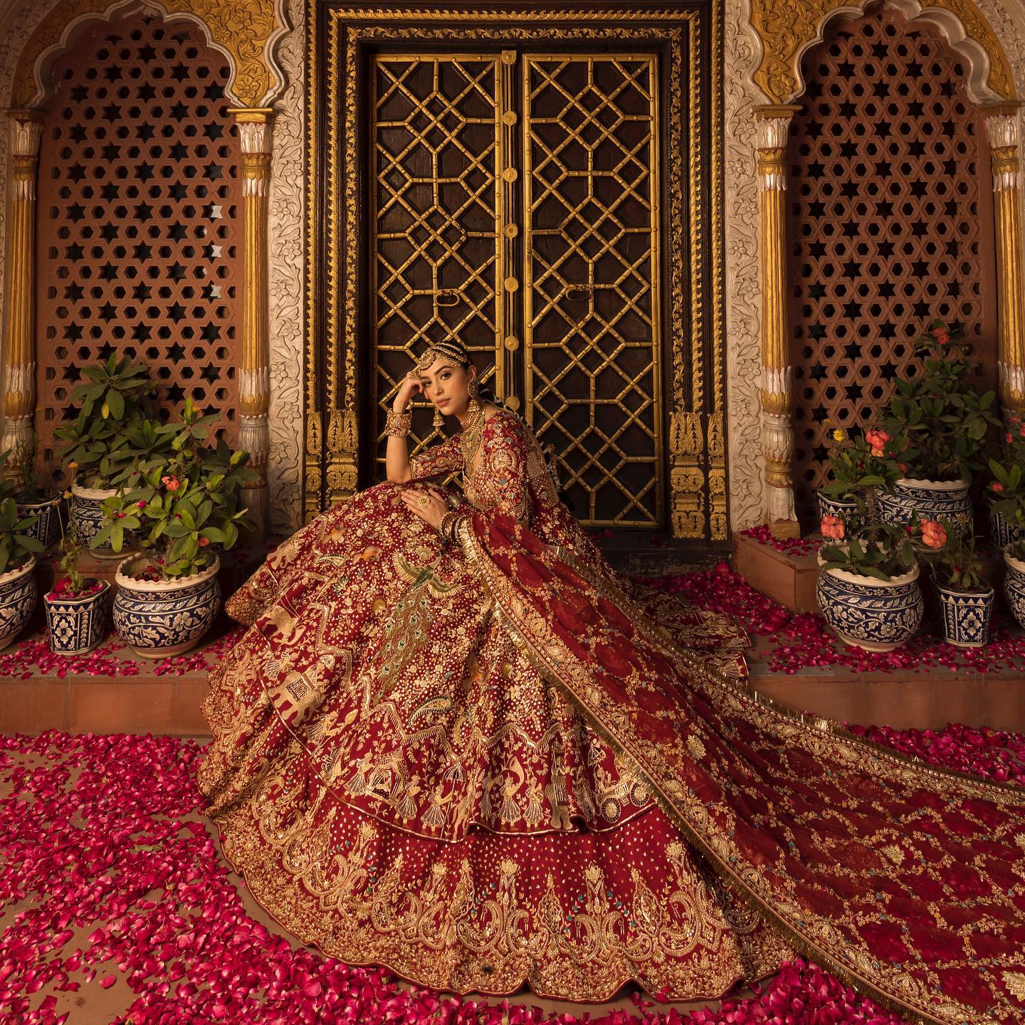 Bridal Wedding Dress in Red Lehenga and Frock Style – Nameera by Farooq