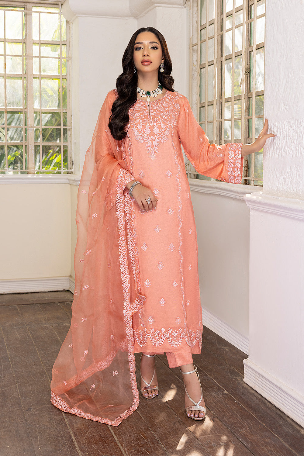 Elegant Deep Peach Pakistani Salwar Kameez with Dupatta – Nameera by Farooq