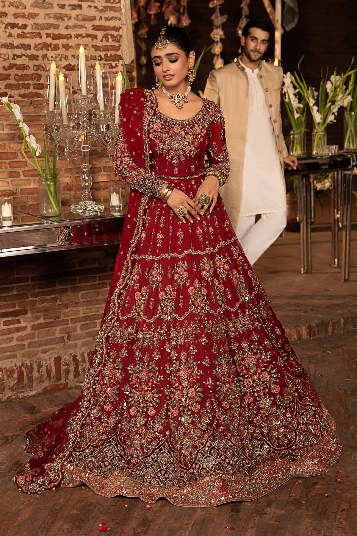 Deep Red Pakistani Bridal Outfit in Choli Lehenga Style – Nameera by Farooq