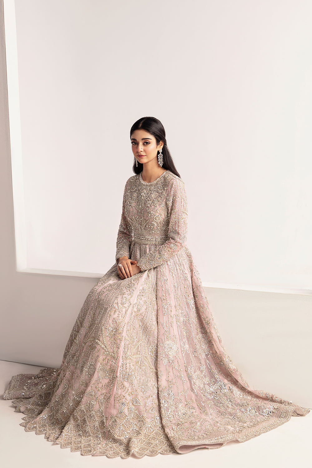 Embellished Pink Pakistani Bridal Dress in Gown Style – Nameera by Farooq