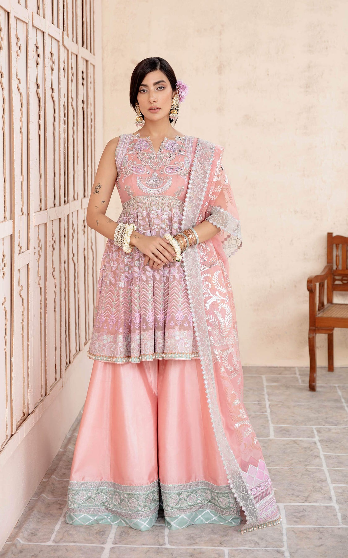 Embroidered Pink Pakistani Party Dress in Pishwas Style – Nameera by Farooq