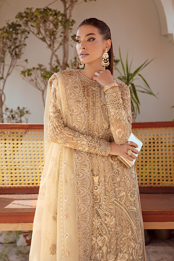 Golden Pakistani Wedding Dress in Trouser Kameez Style – Nameera by Farooq