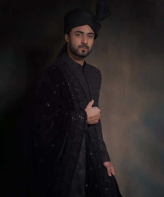 Elegant Jet Black Embroidered Pakistani Groom Sherwani – Nameera by Farooq