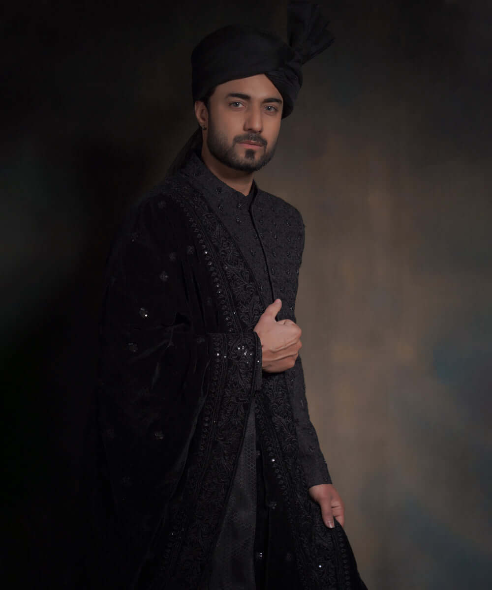 Elegant Jet Black Embroidered Pakistani Groom Sherwani – Nameera by Farooq