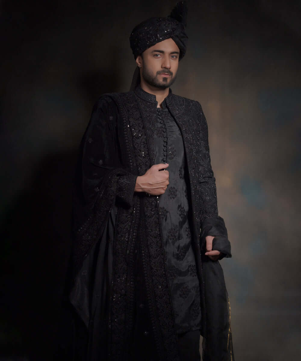 Elegant Jet Black Embroidered Pakistani Groom Sherwani – Nameera by Farooq