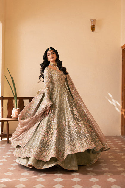 Pakistani Bridal Dress in Farshi Lehenga Pishwas Style – Nameera by Farooq