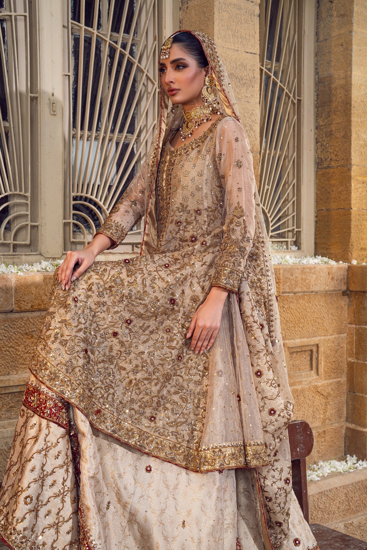 Pakistani Bridal Dress in Farshi Sharara Kameez Style – Nameera by Farooq