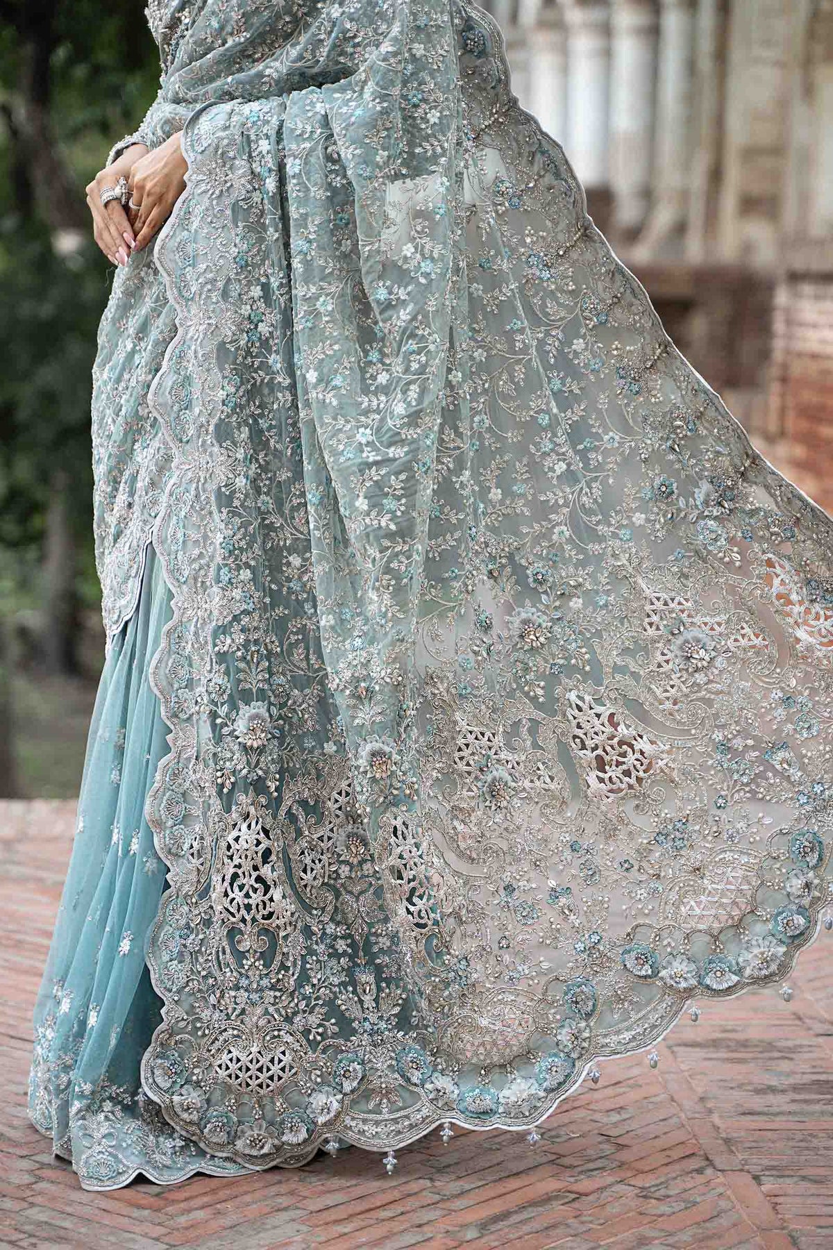 Pakistani Bridal Dress in Ice Blue Wedding Saree Style – Nameera by Farooq