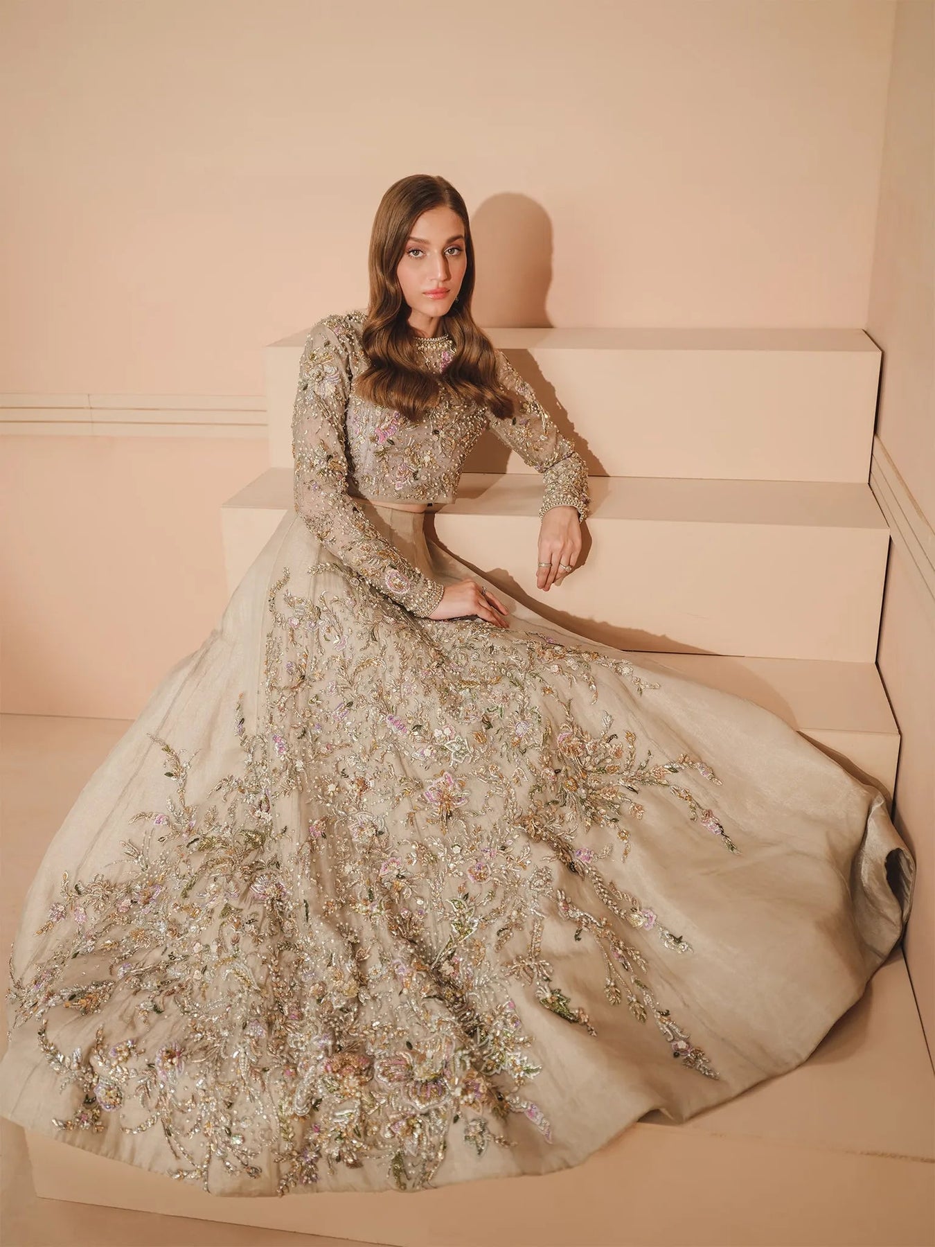 Pakistani Bridal Dress in Rose Gold Choli Lehenga Style – Nameera by Farooq