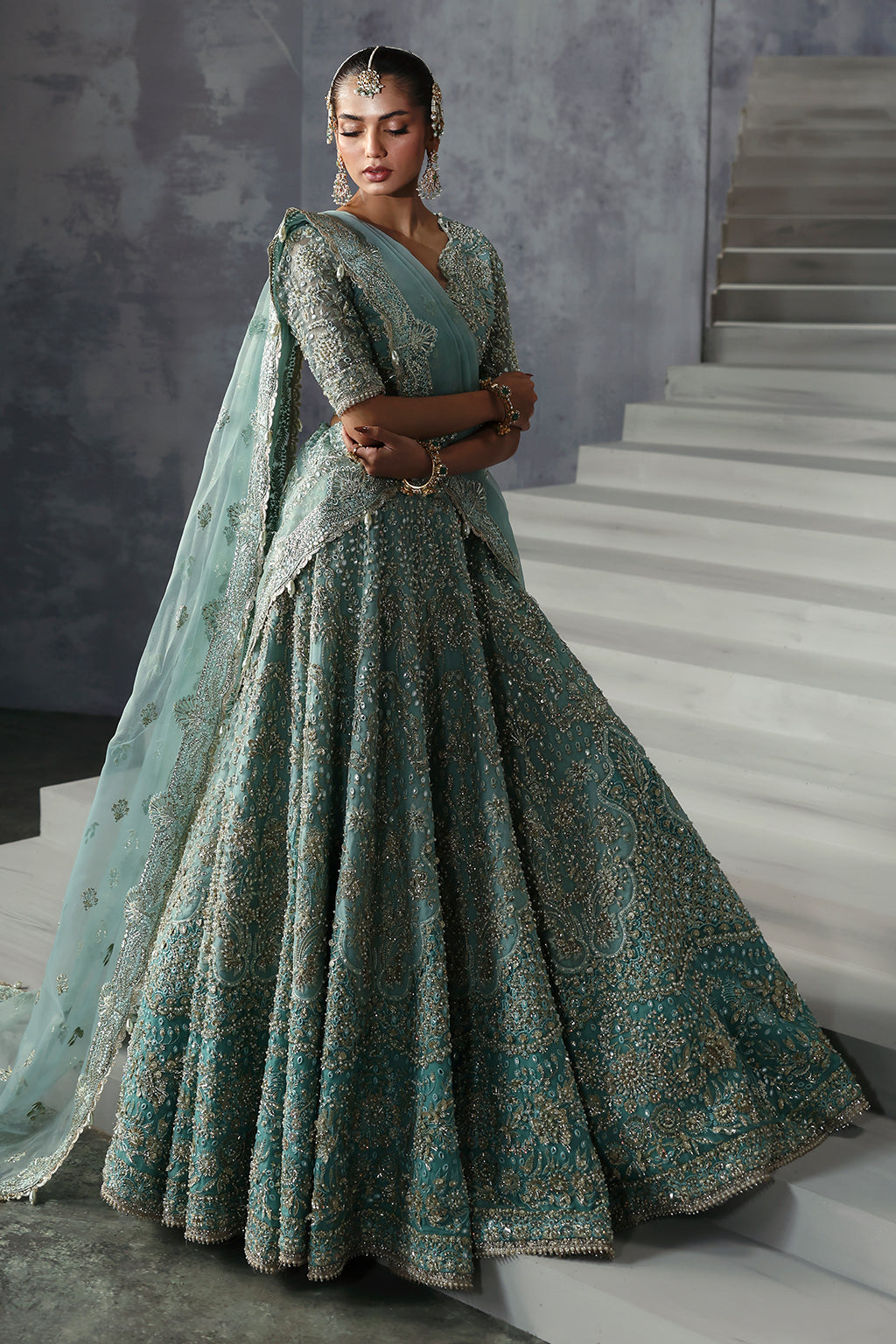 Pakistani Bridal Dress in Turquoise Choli Lehenga Style – Nameera by Farooq