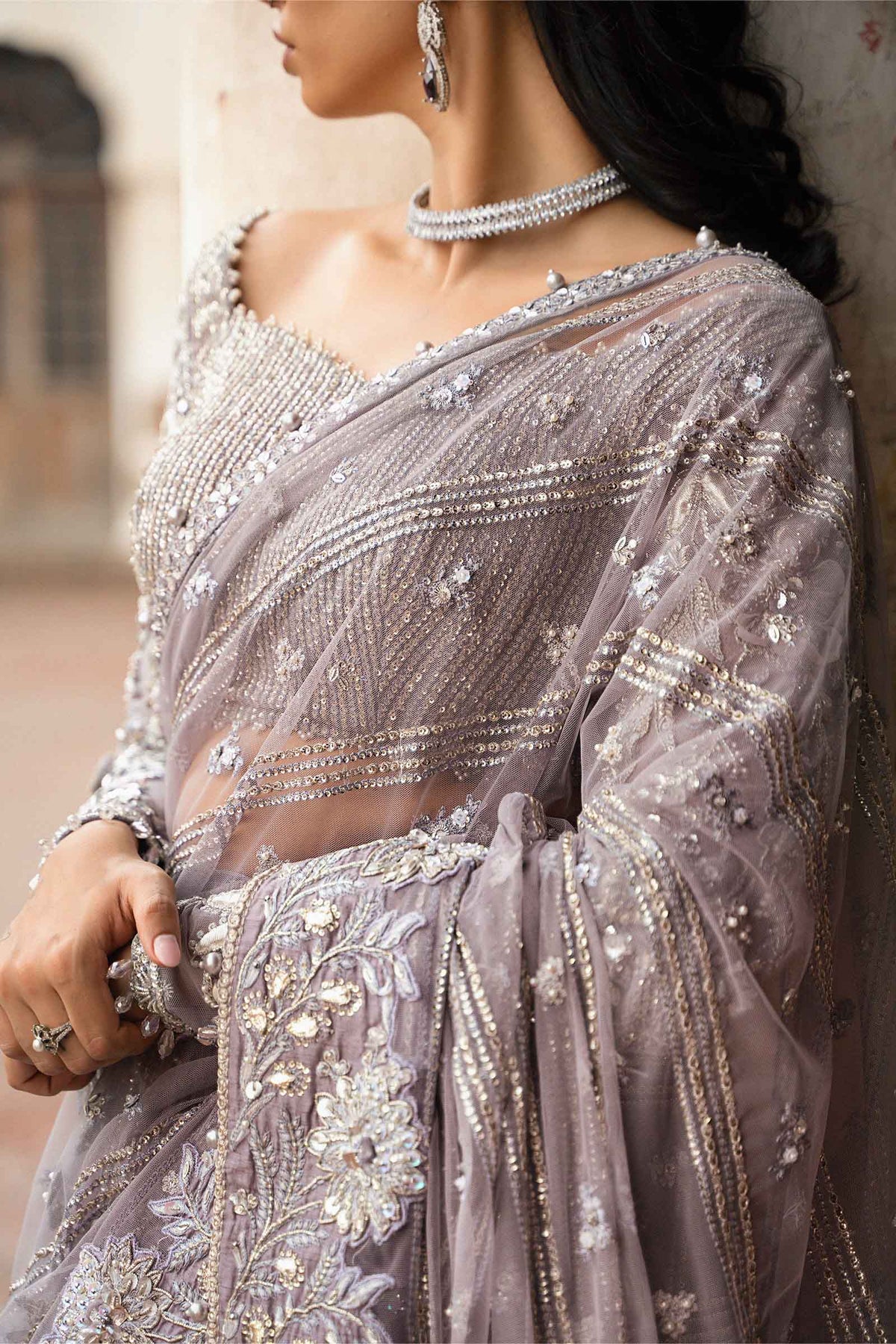 Pakistani Bridal Dress in Wedding Saree Style in Net – Nameera by Farooq