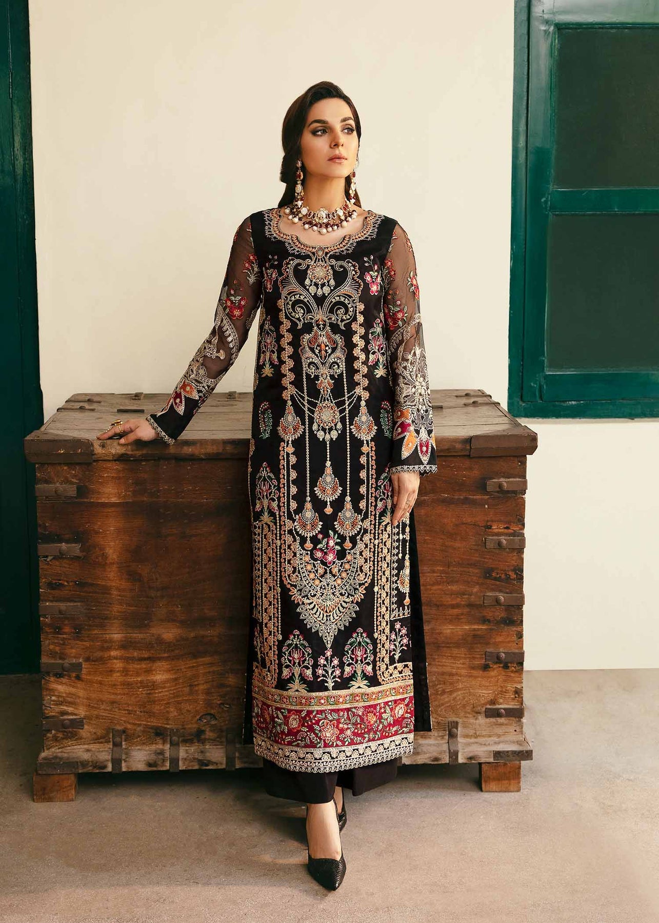 Pakistani Party Dress in Black Kameez Trouser Style – Nameera by Farooq
