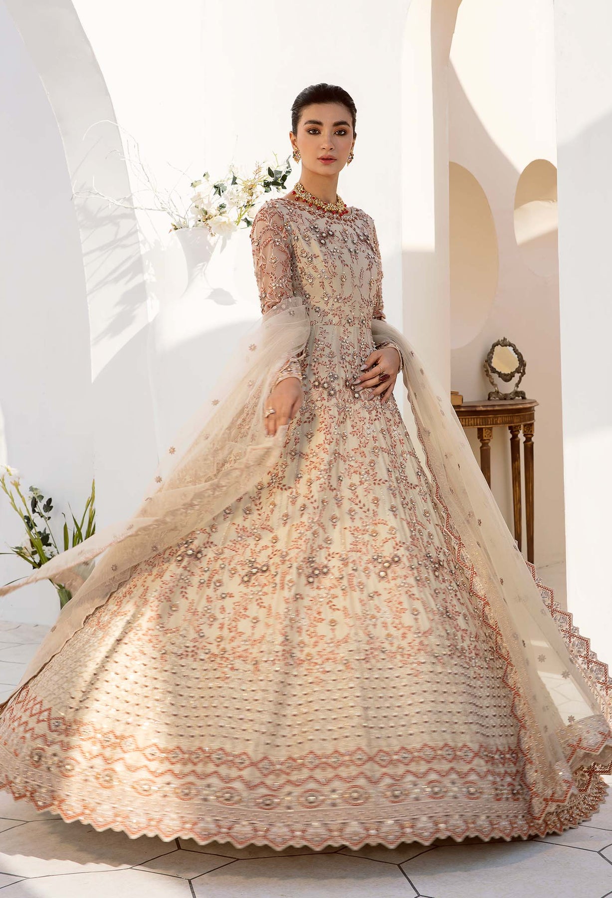 Pakistani Wedding Dress In Embellished Pishwas Style Nameera By Farooq
