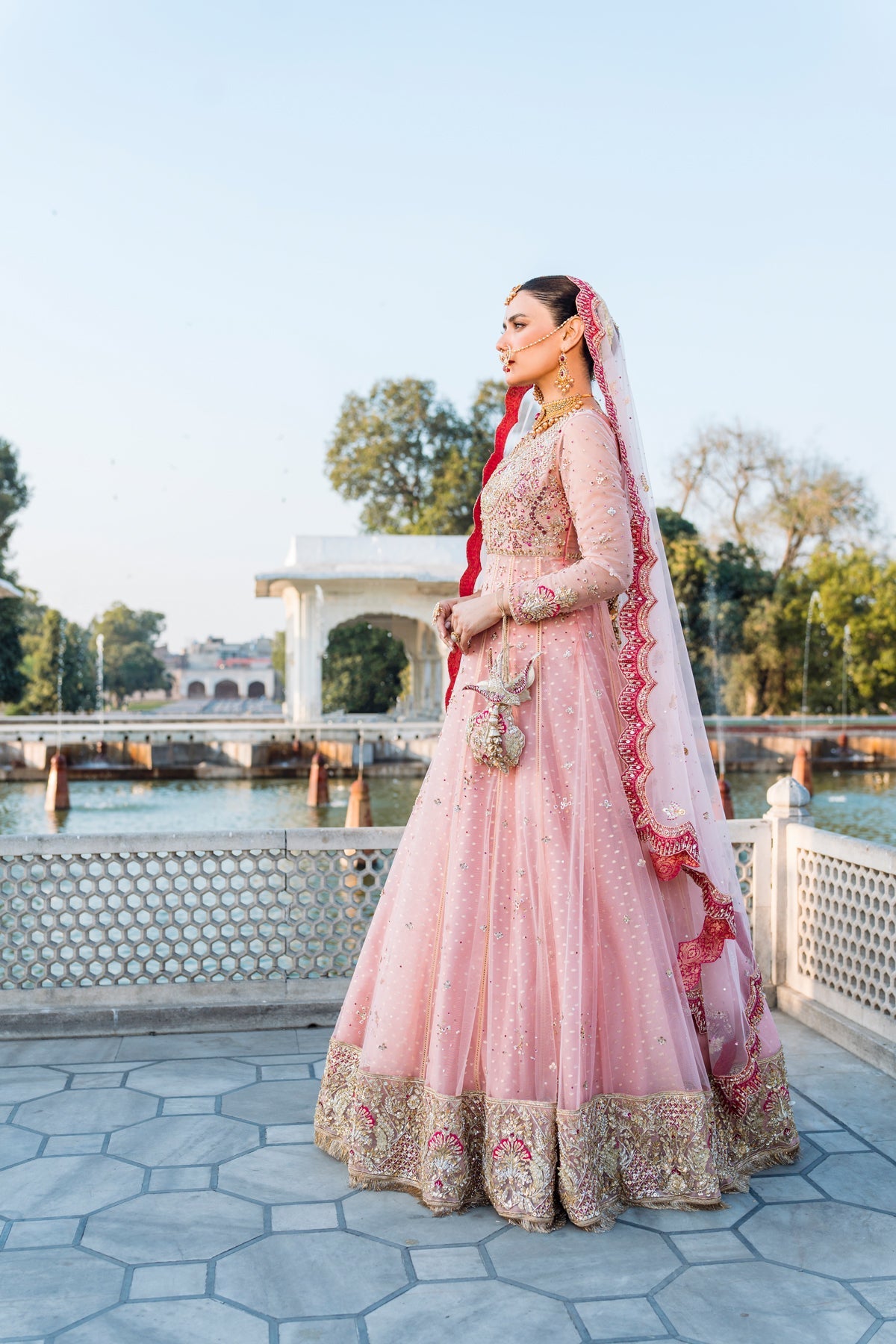 Pink Pakistani Bridal Dress in Frock and Lehenga Style – Nameera by Farooq