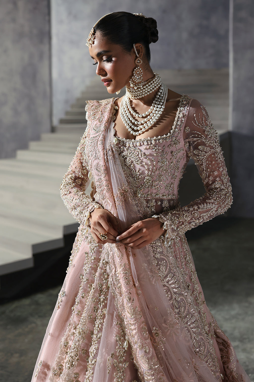 Powder Pink Pakistani Bridal Dress in Pishwas Style – Nameera by Farooq