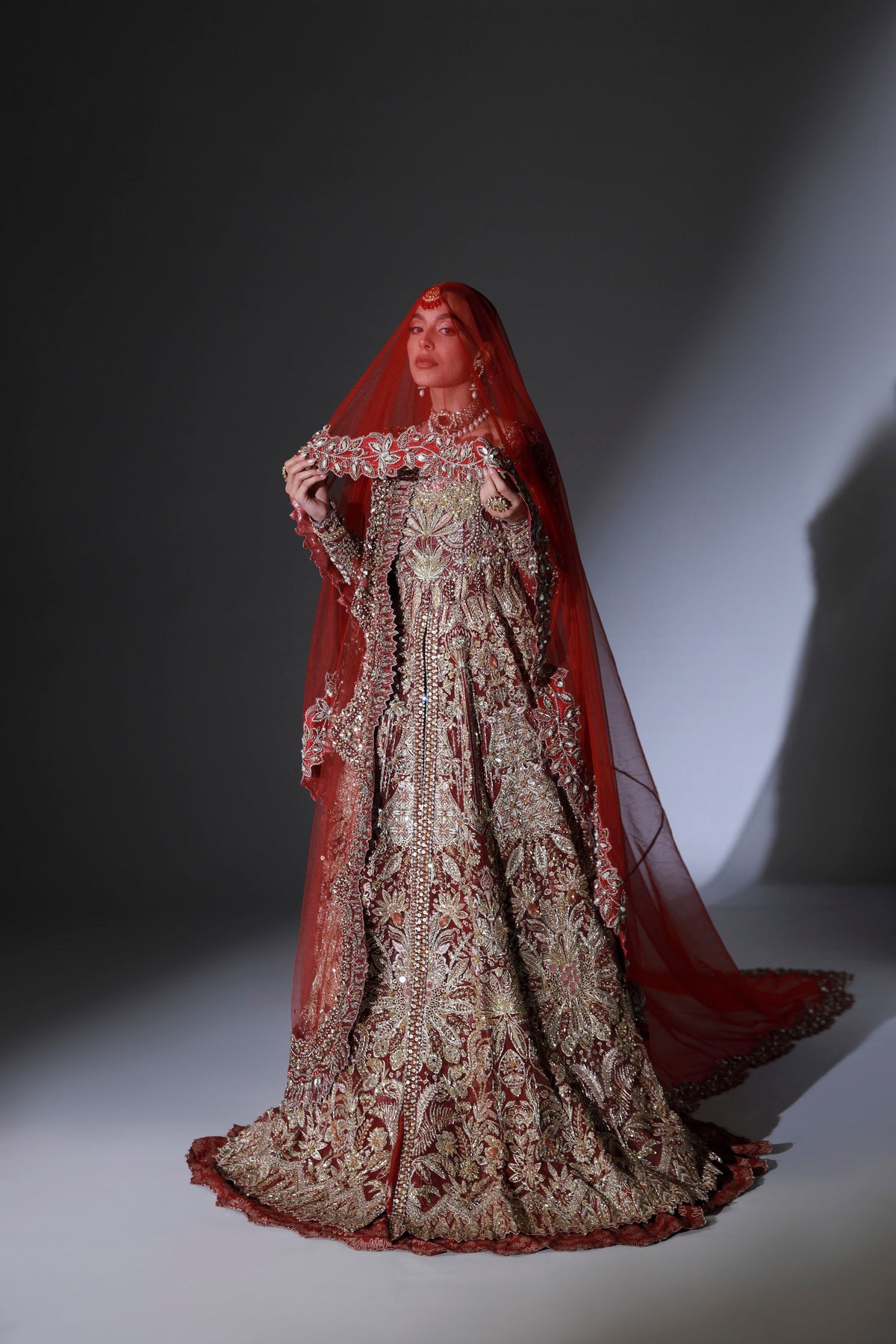 Red Pakistani Bridal Dress in Open Gown Lehenga Style – Nameera by Farooq