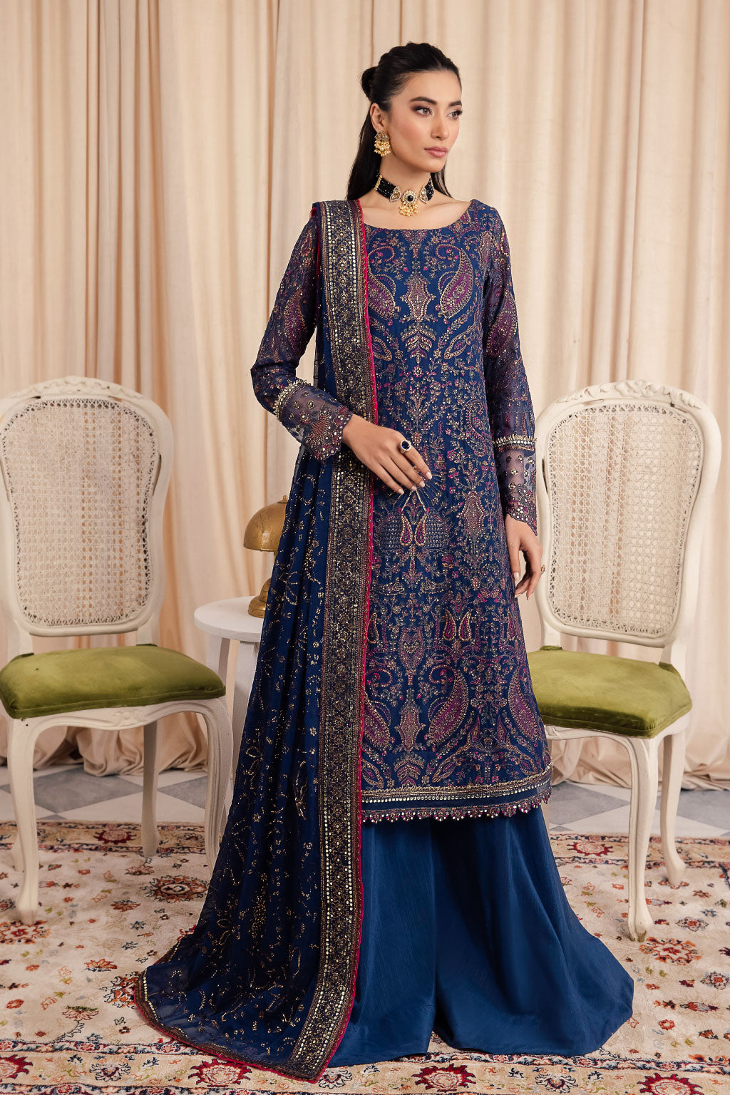 Elegant Royal Blue Pakistani Salwar Suit Kameez Palzo – Nameera by Farooq