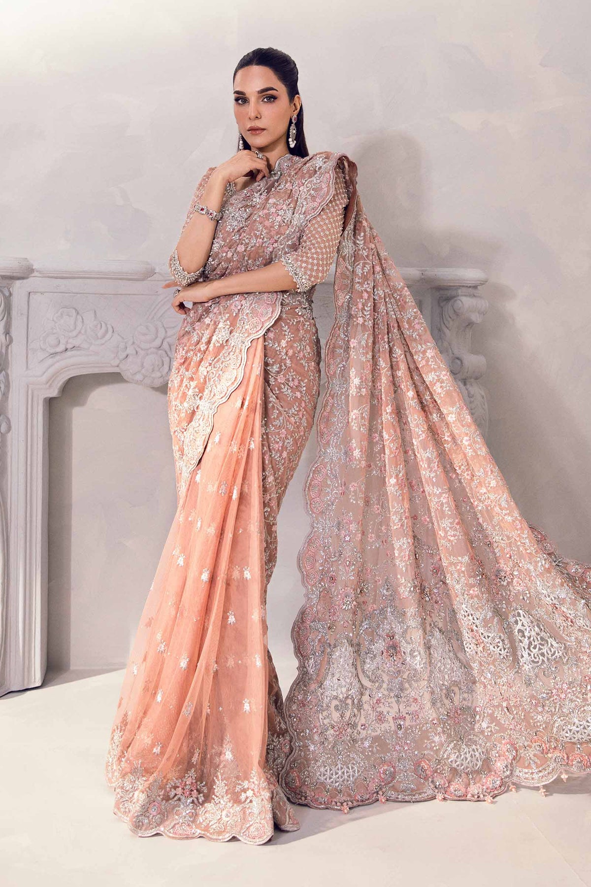 Elegant Pakistani Wedding Dress in Bridal Saree Style – Nameera by Farooq