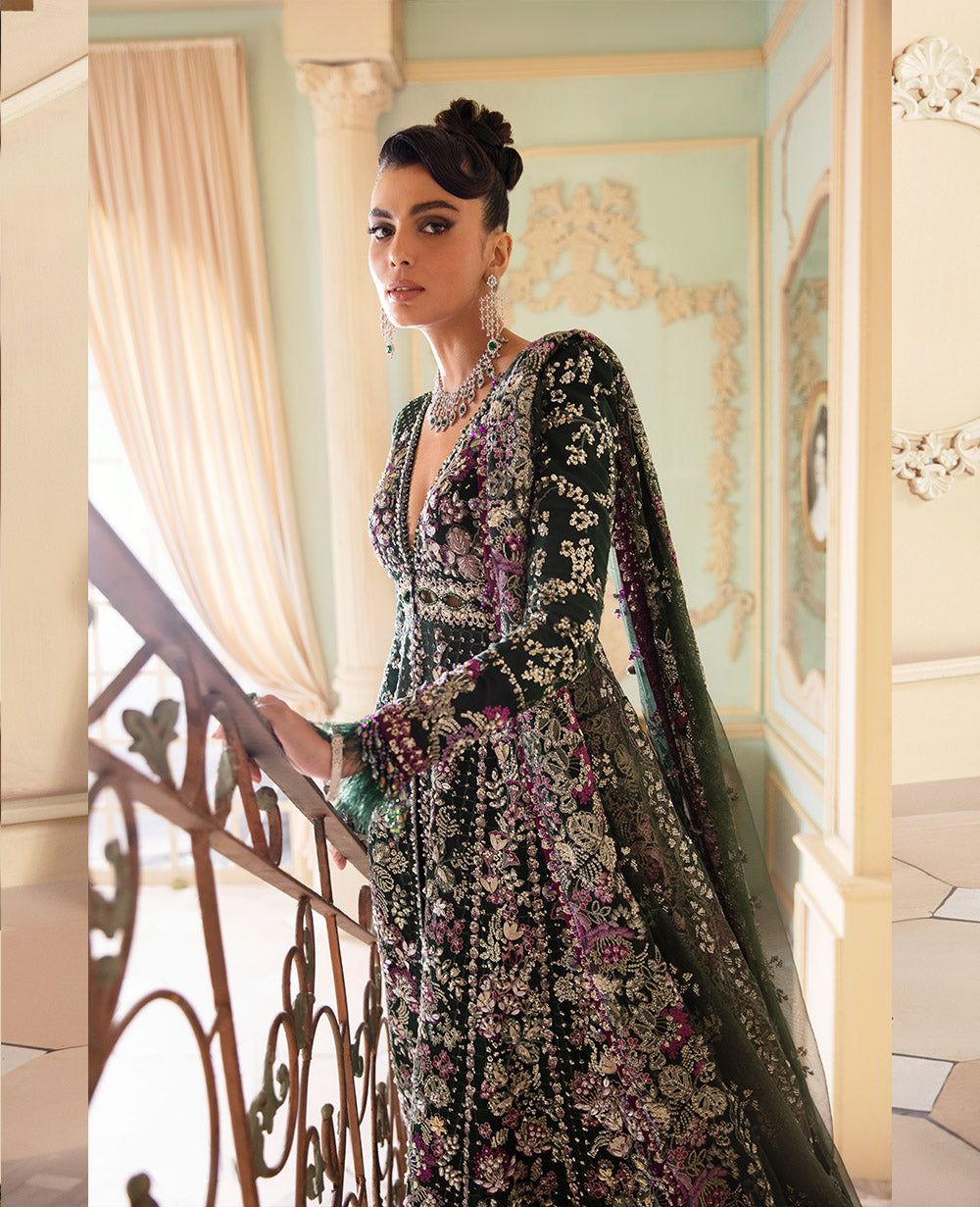 Embellished Green Pishwas Frock Pakistani Wedding Dress – Nameera by Farooq