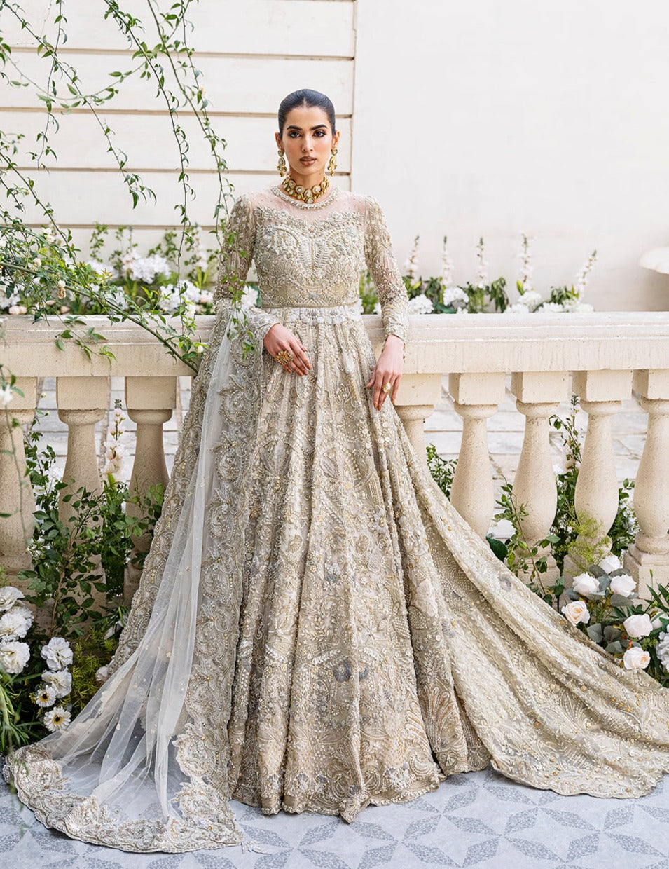 Embellished Pakistani Bridal Gown Dupatta Walima Dress – Nameera by Farooq