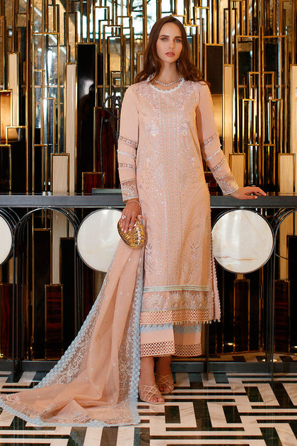 Embellished Peach Pakistani Salwar Kameez with Dupatta – Nameera by Farooq