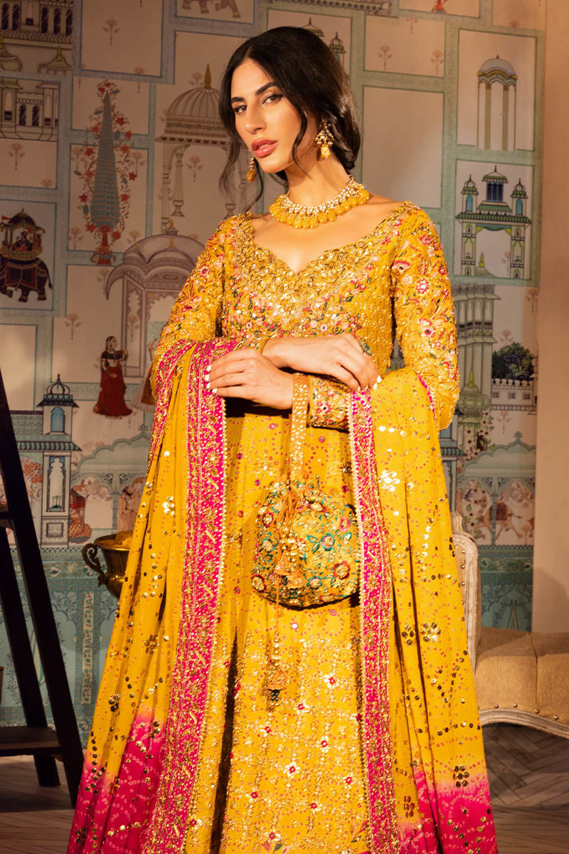 Embellished Yellow Chiffon Pishwas Pakistani Mehndi Dresses – Nameera by Farooq