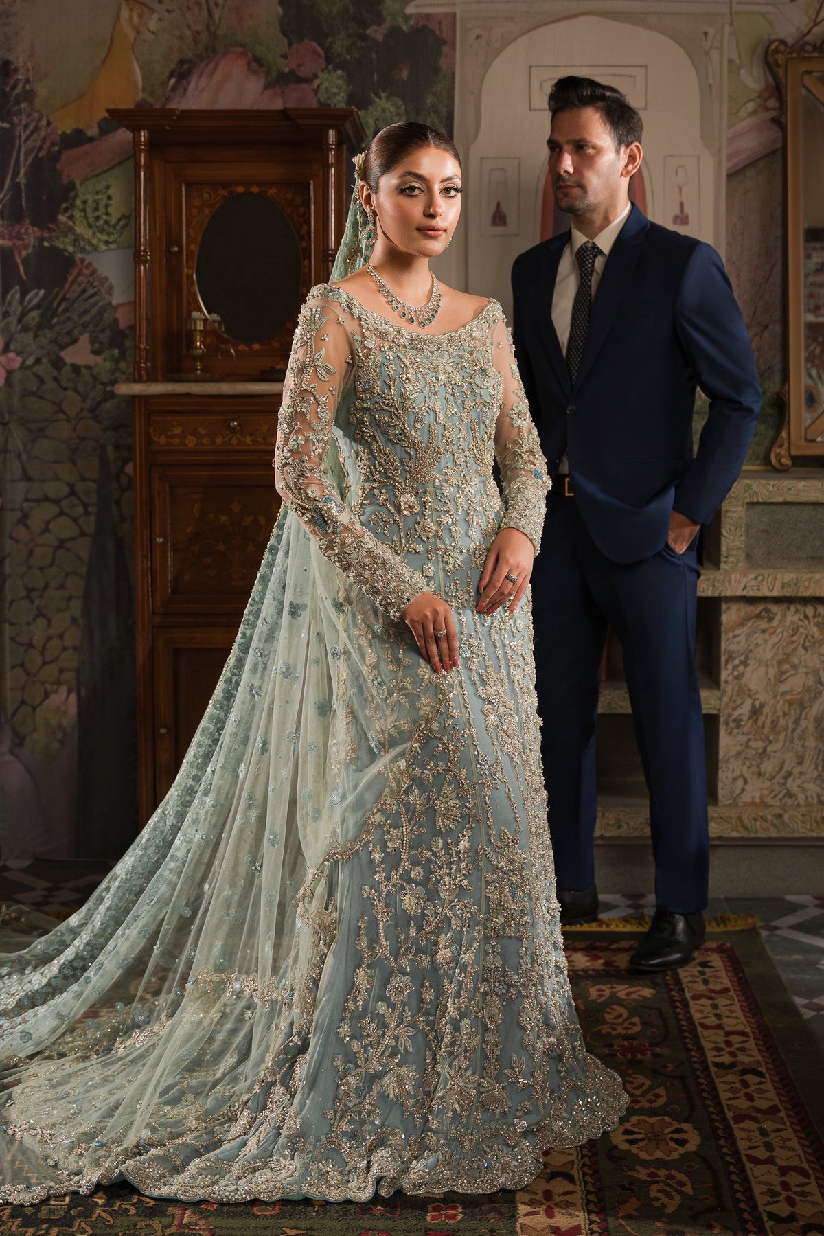 Pakistani Bridal Dress in Blue Bridal Gown Veil Style – Nameera by Farooq