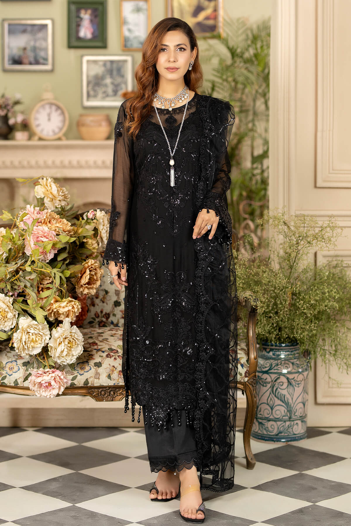 Maria B Embroidered Black Pakistani Kameez Trouser and Dupatta ...