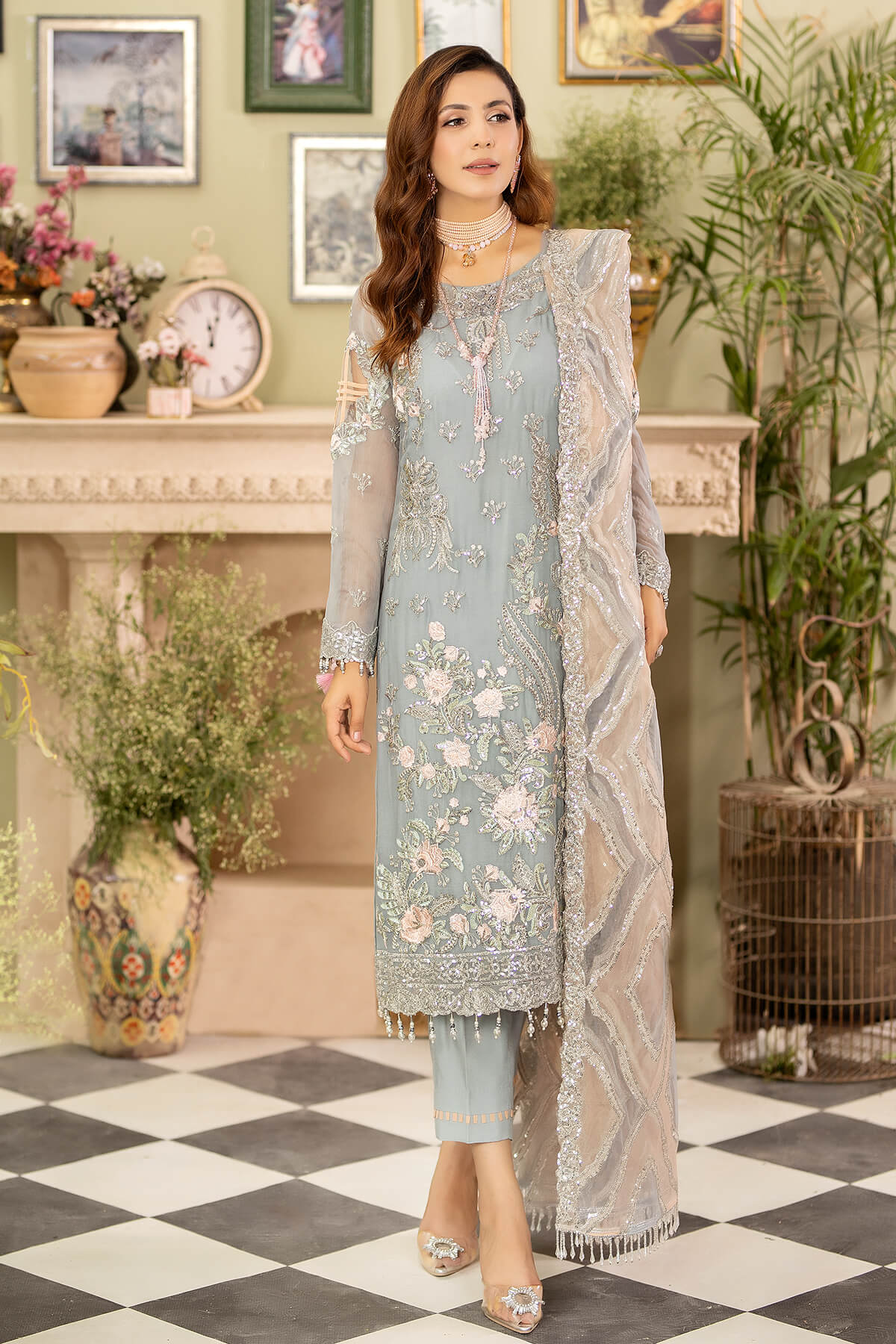 Embroidered Blue Pakistani Salwar Kameez Dupatta Dress – Nameera by Farooq