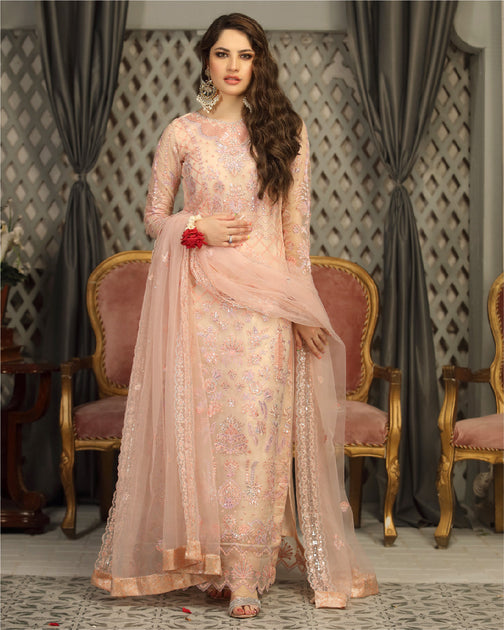 Pakistani Party Dress in Peach Pink Salwar Kameez Style – Nameera by Farooq