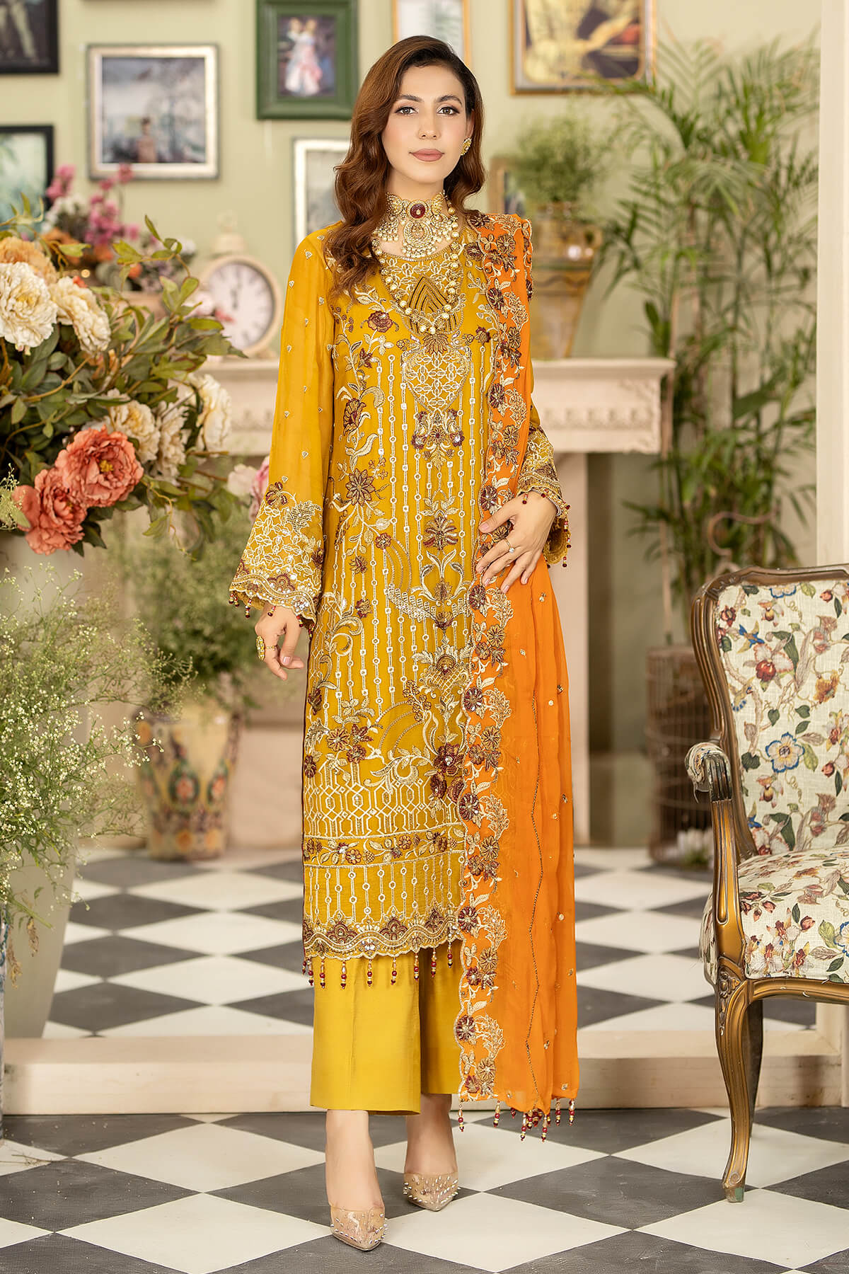 Embroidered Pakistani Salwar Kameez Dupatta in Chiffon – Nameera by Farooq