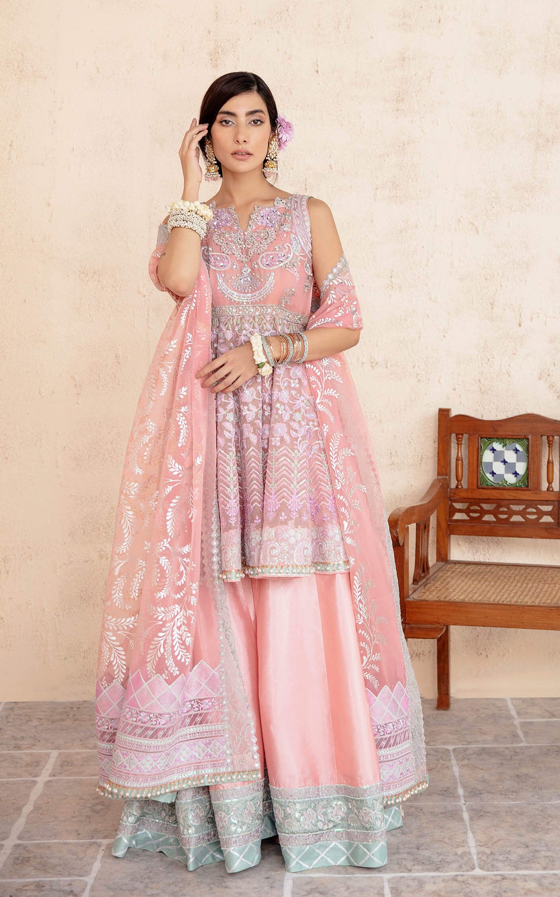 Embroidered Pink Pakistani Party Dress in Pishwas Style – Nameera by Farooq