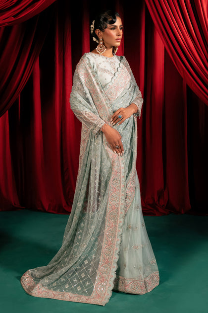 Embroidered Sky Blue Pakistani Wedding Dress Classic Net Saree ...