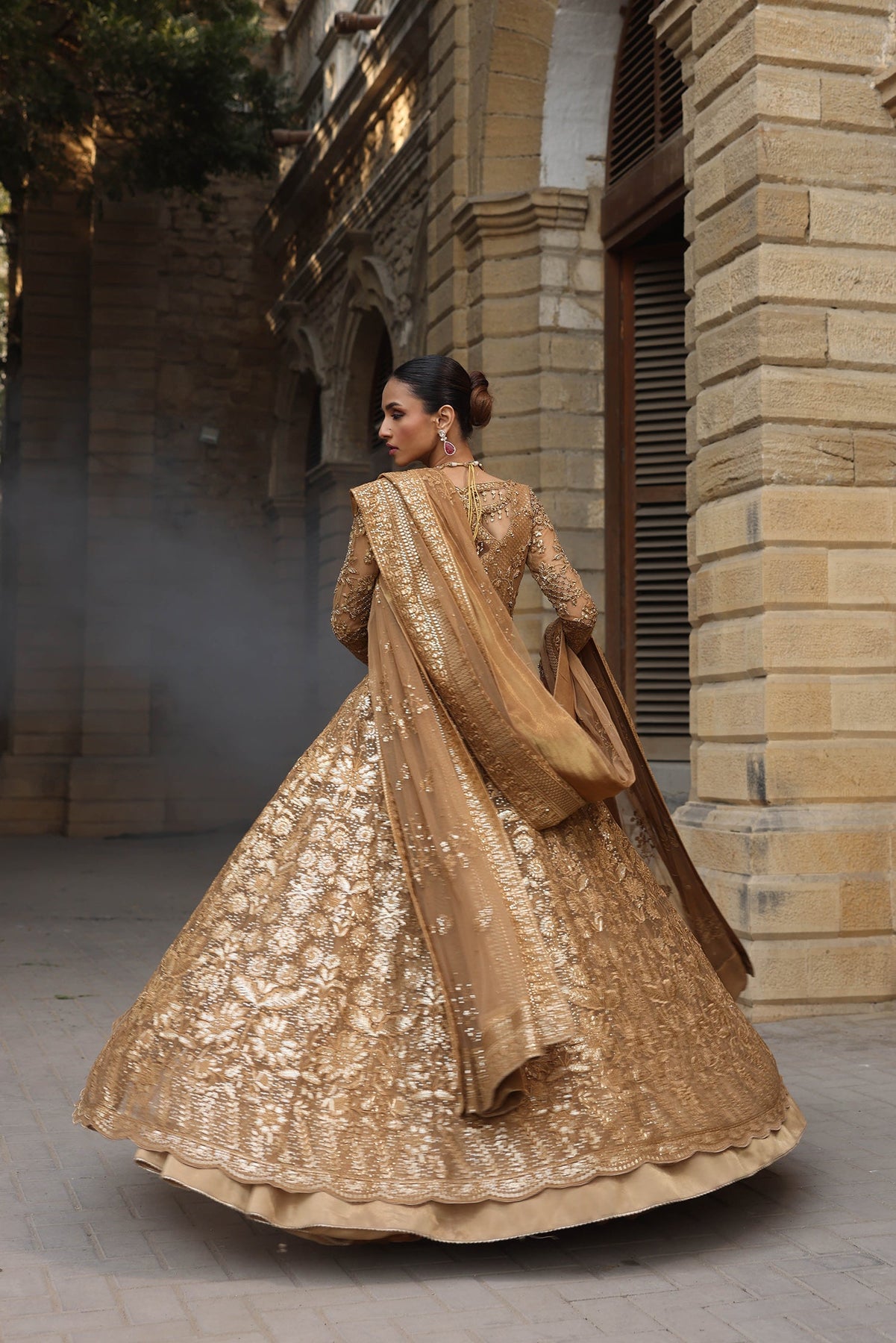 Gold Bridal Frock Lehenga for Pakistani Wedding Dresses – Nameera by Farooq