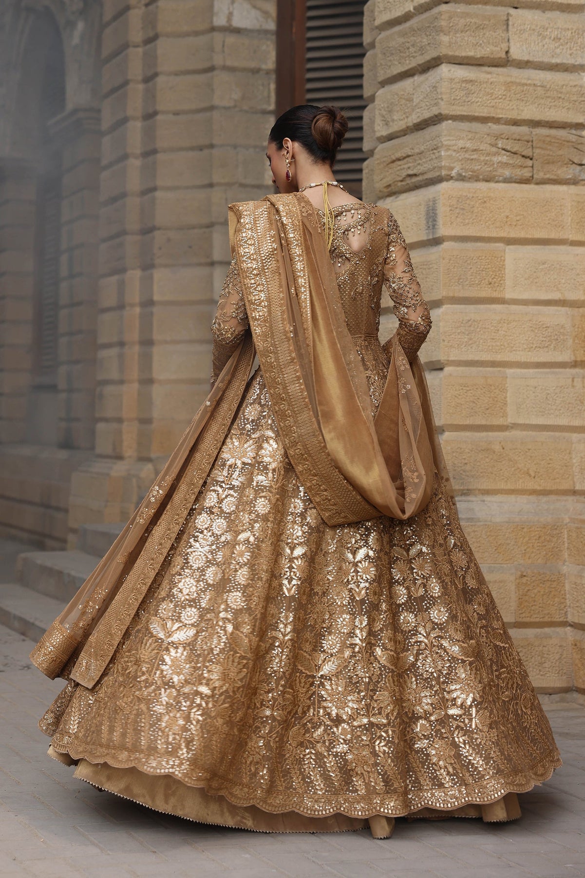 Gold Bridal Frock Lehenga for Pakistani Wedding Dresses – Nameera by Farooq