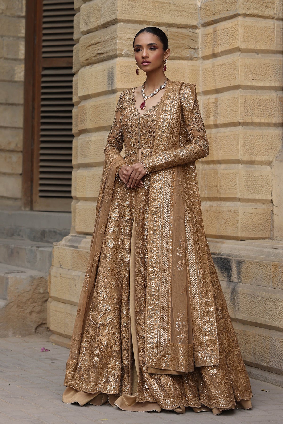 Gold Bridal Frock Lehenga for Pakistani Wedding Dresses – Nameera by Farooq