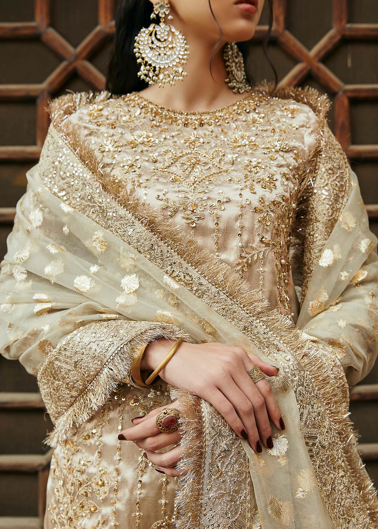 Golden Pakistani Wedding Dress in Kameez Gharara Style – Nameera by Farooq