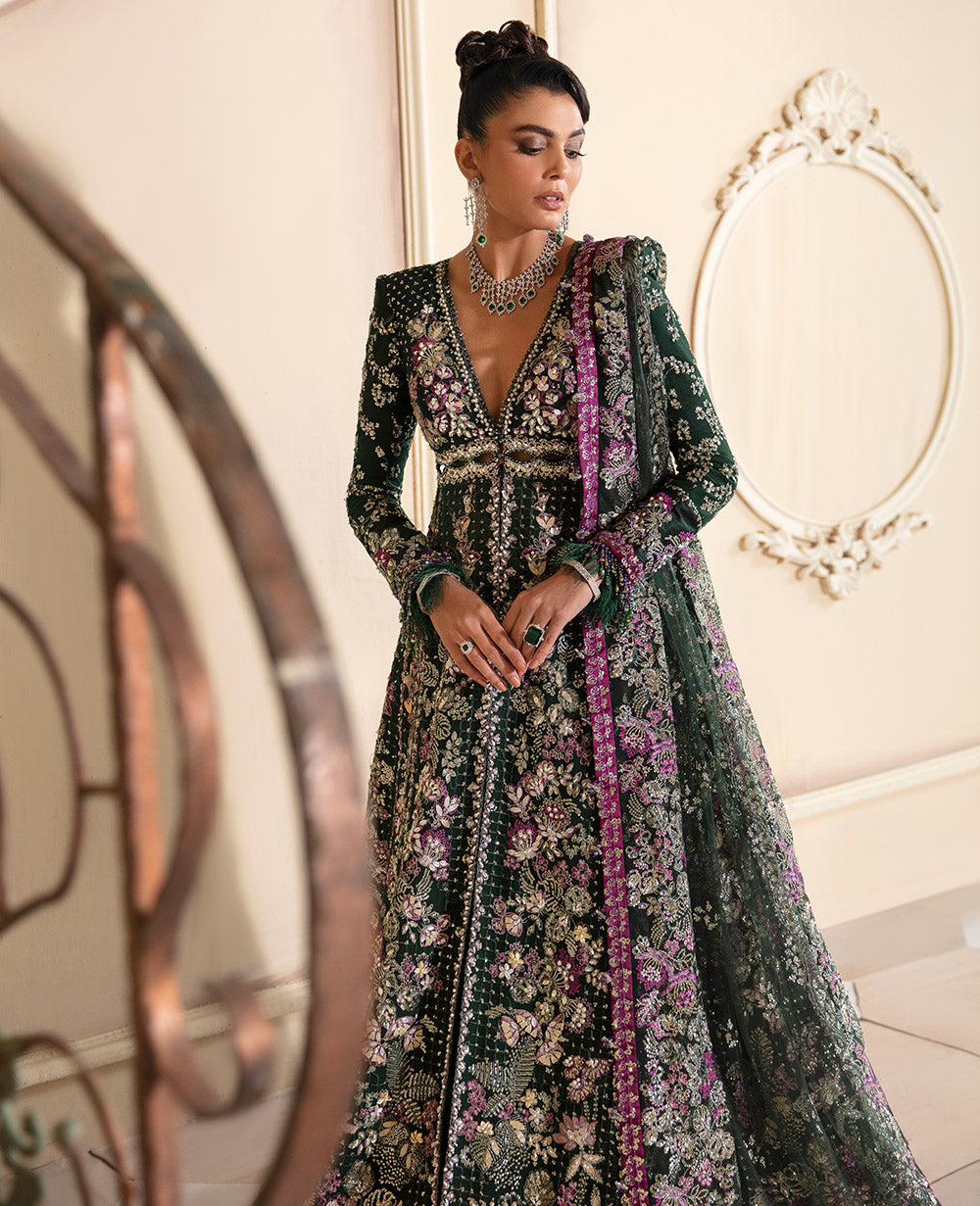 Embellished Green Pishwas Frock Pakistani Wedding Dress – Nameera by Farooq