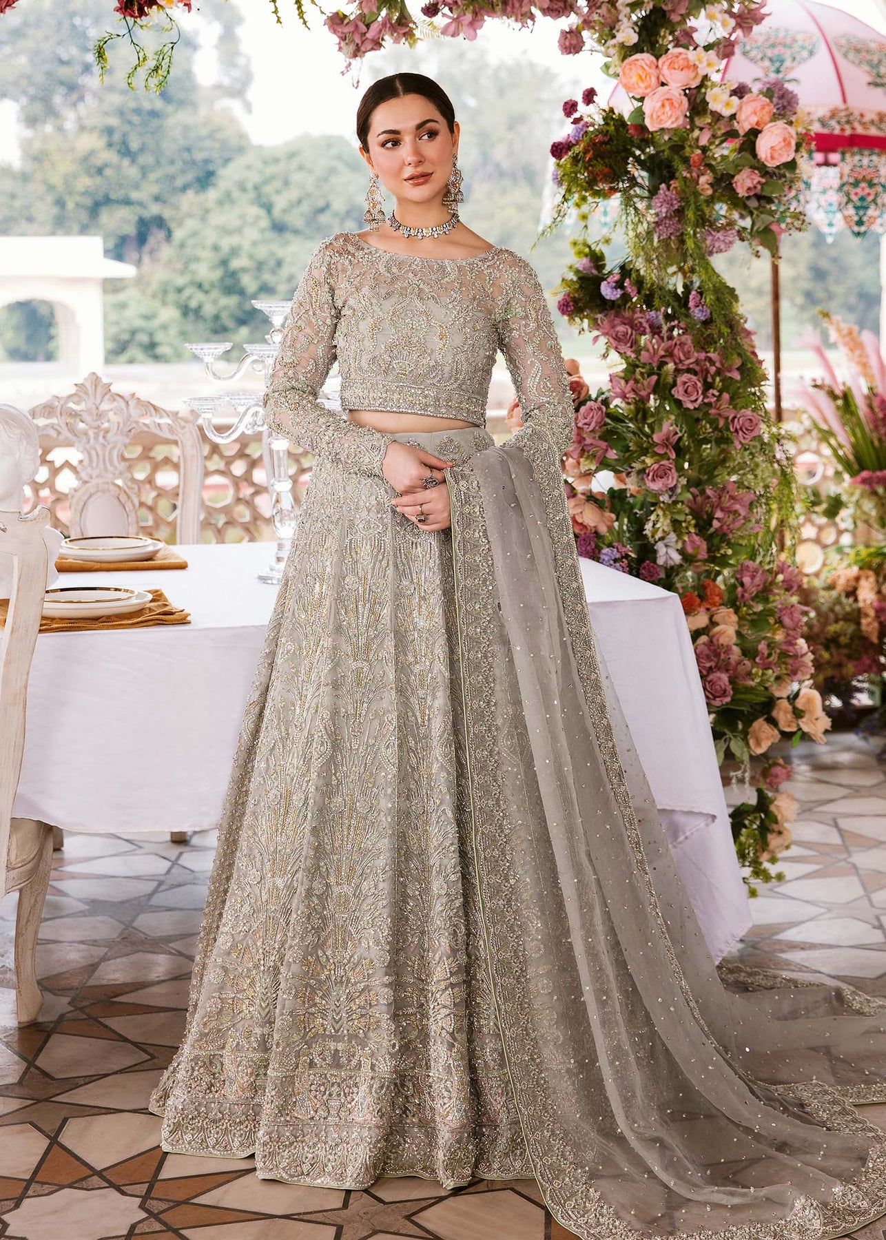 Grey Lehenga Choli and Dupatta Pakistani Bridal Dress – Nameera by Farooq