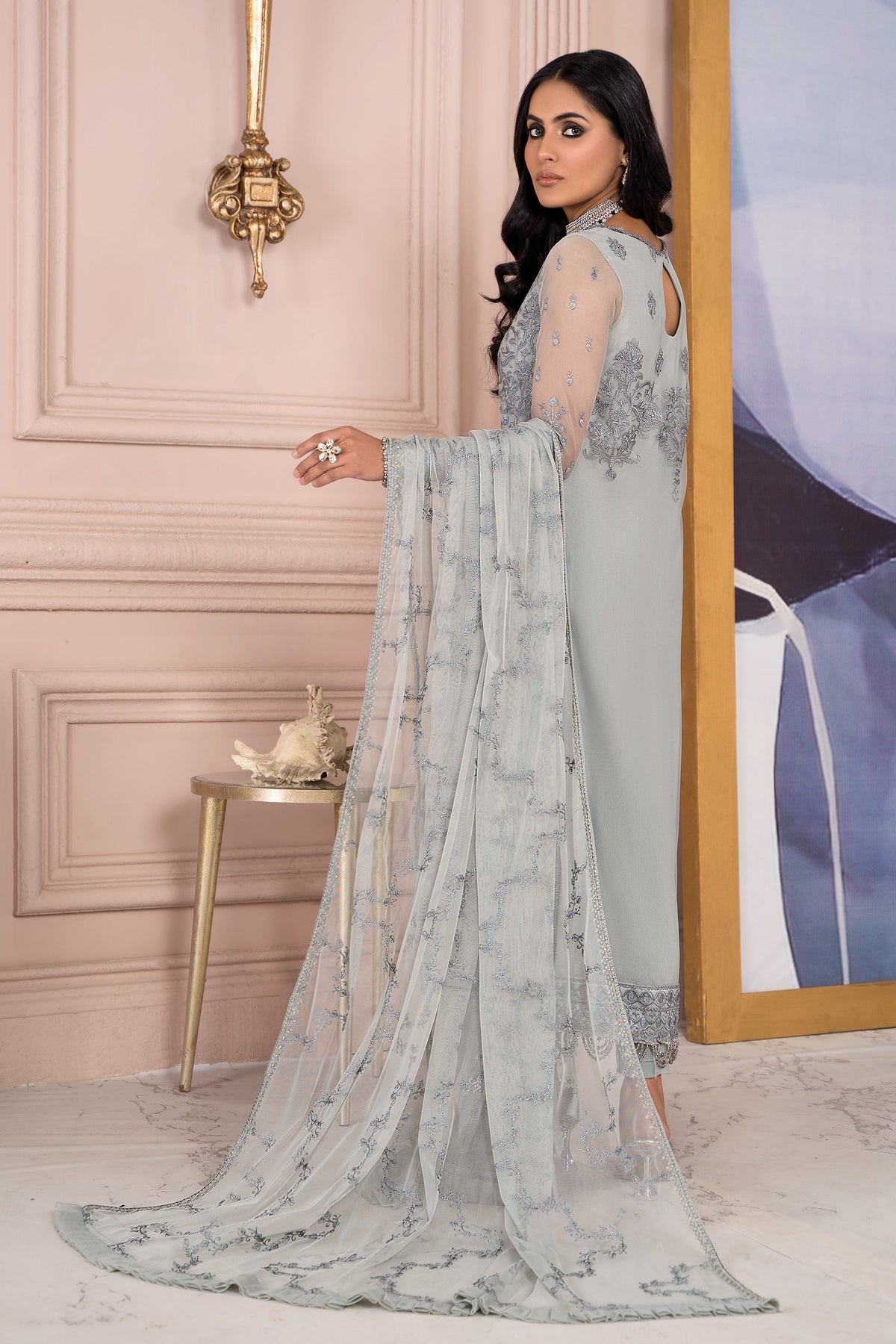 Grey Pakistani Party Dress in Kameez Trouser Style – Nameera by Farooq