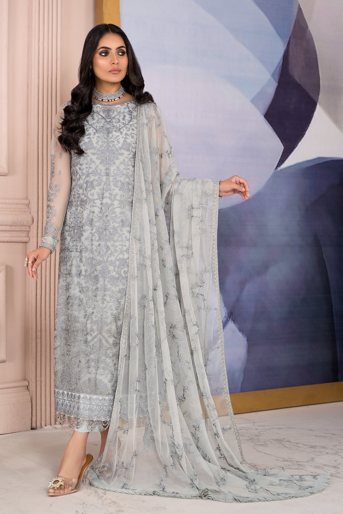 Grey Pakistani Party Dress in Kameez Trouser Style – Nameera by Farooq