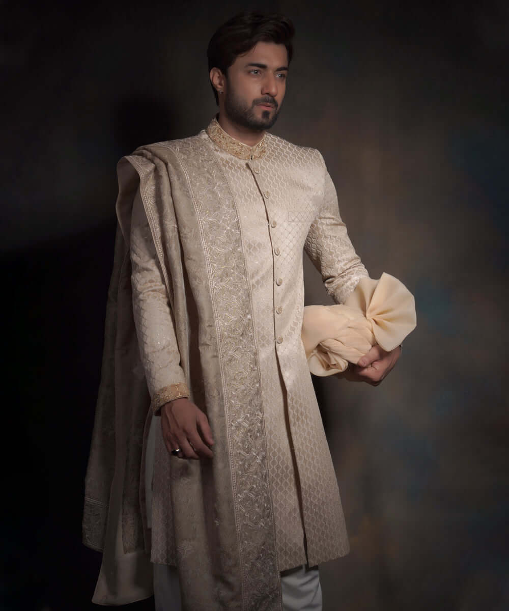 Embroidered Gold Pakistani Groom Sherwani in Raw Silk – Nameera by Farooq