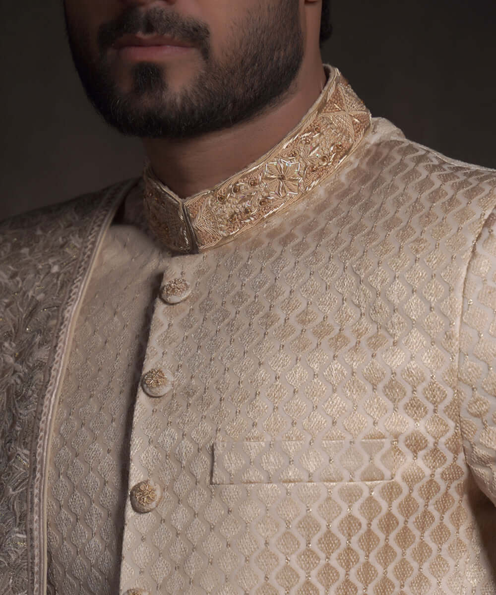 Embroidered Gold Pakistani Groom Sherwani in Raw Silk – Nameera by Farooq