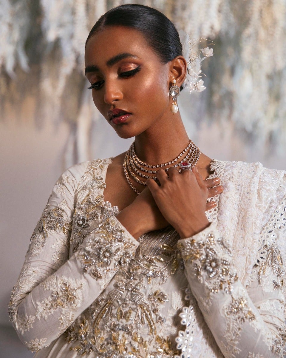 Heavy White Pishwas Frock for Pakistani Wedding Dresses – Nameera by Farooq