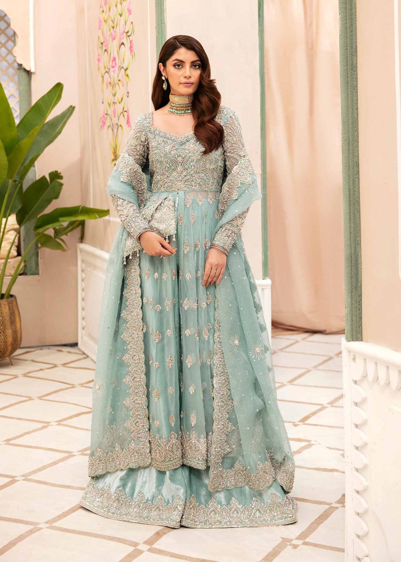 Ice Blue Pakistani Wedding Dress Heavy Flare Pishwas – Nameera by Farooq