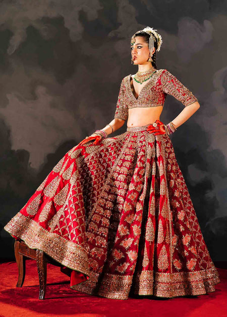 Indian Bridal Dress in Red Lehenga and Choli Style – Nameera by Farooq