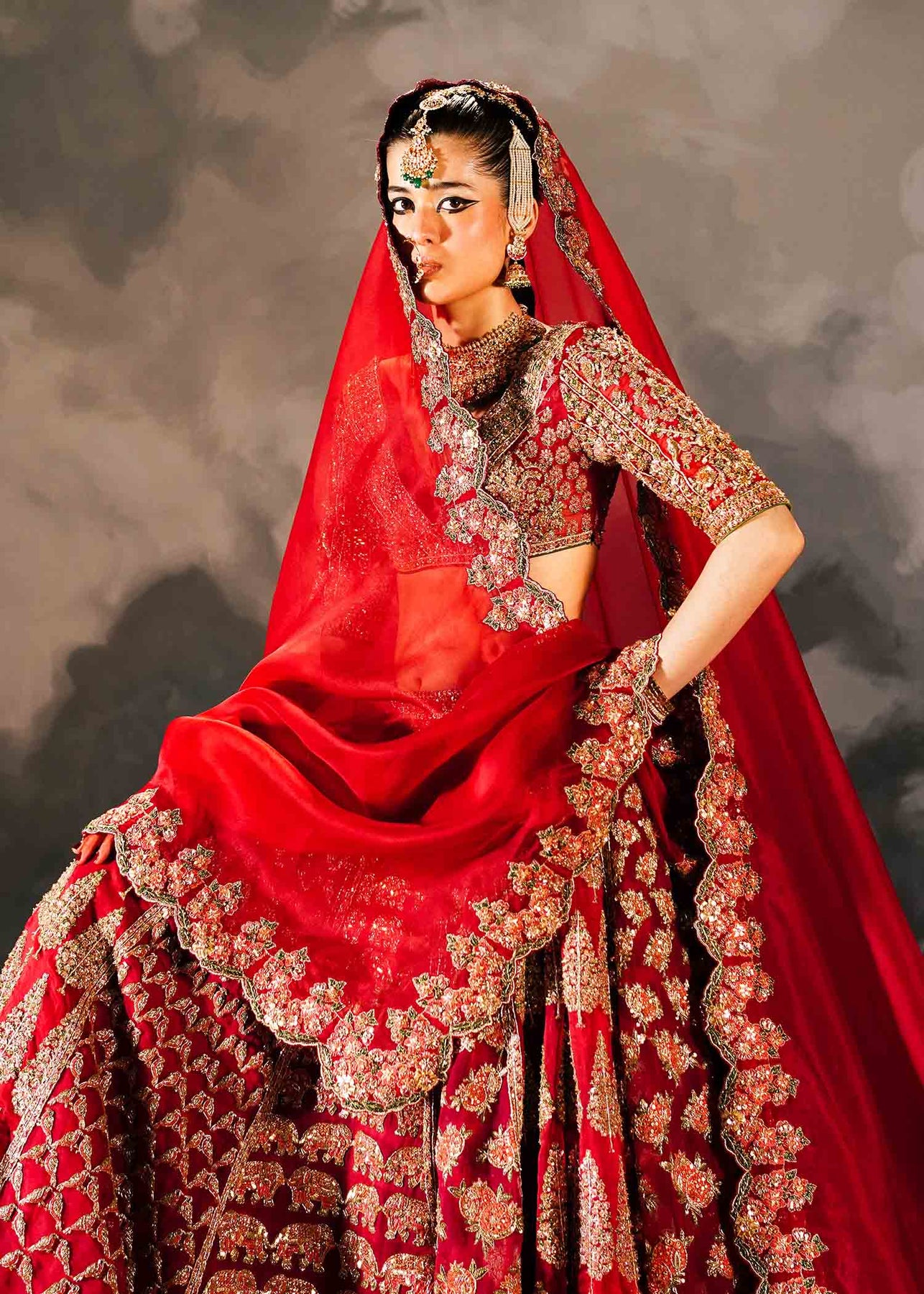 Indian Bridal Dress in Red Lehenga and Choli Style – Nameera by Farooq