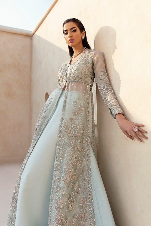 Indian Wedding Dress in Blue Lehenga Gown Dupatta Style – Nameera by Farooq