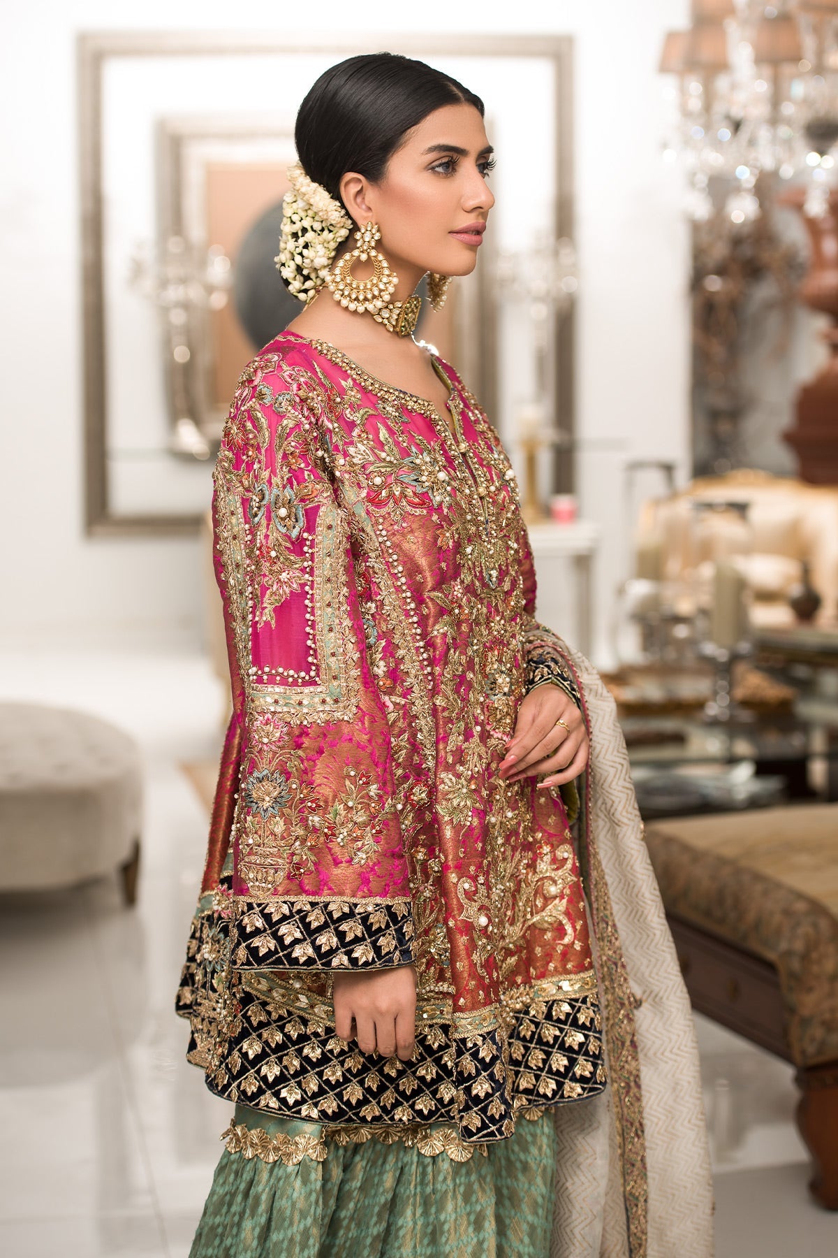 Jamawar Green Sharara Frock Pakistani Wedding Dresses – Nameera by Farooq