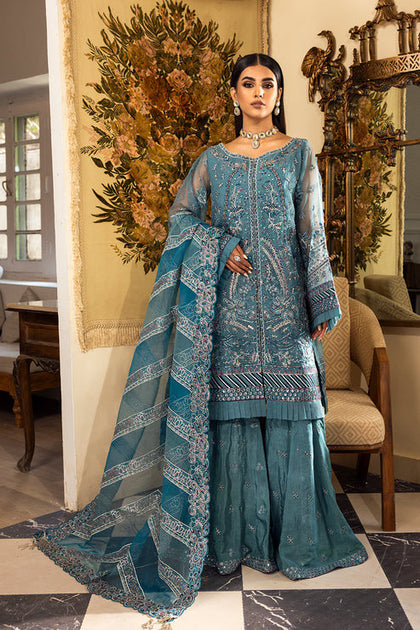 Blue Pakistani Party Dress in Kameez and Sharara Style – Nameera by Farooq